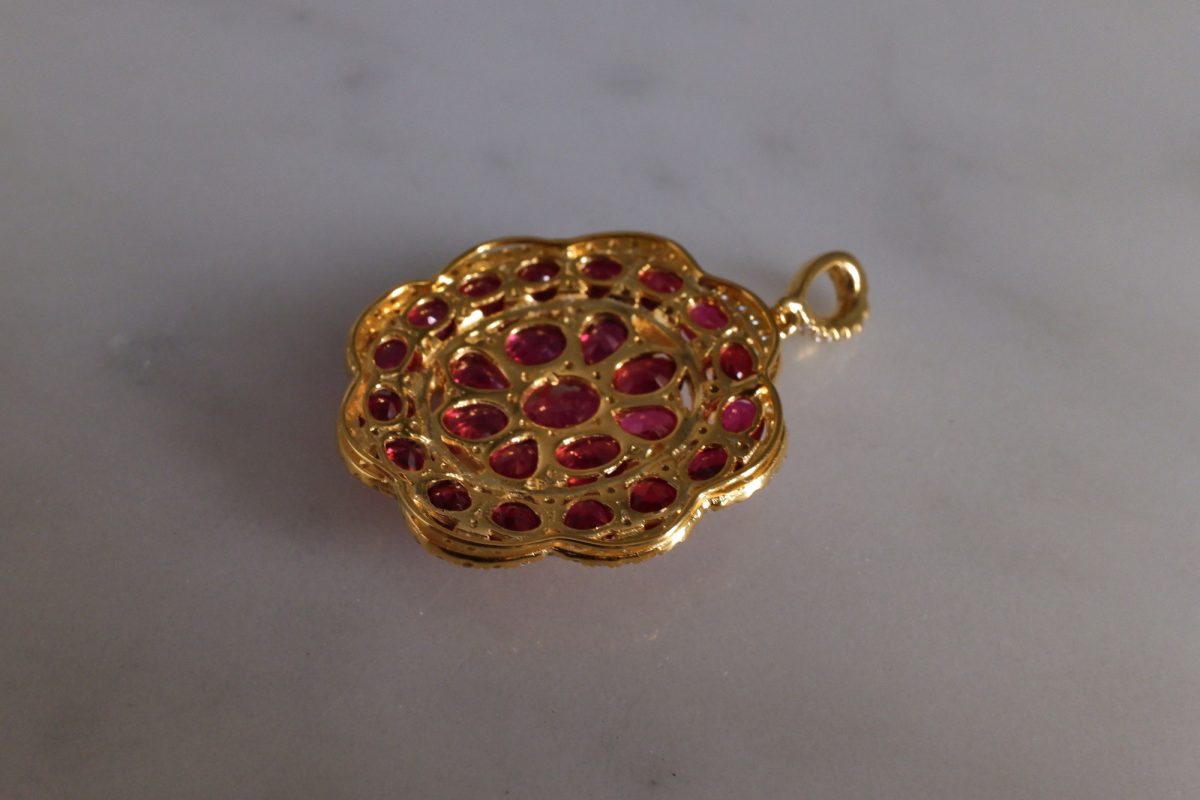 Vivid Ornate Red Ruby Pendant Necklace 18k | GEM GARDENER
