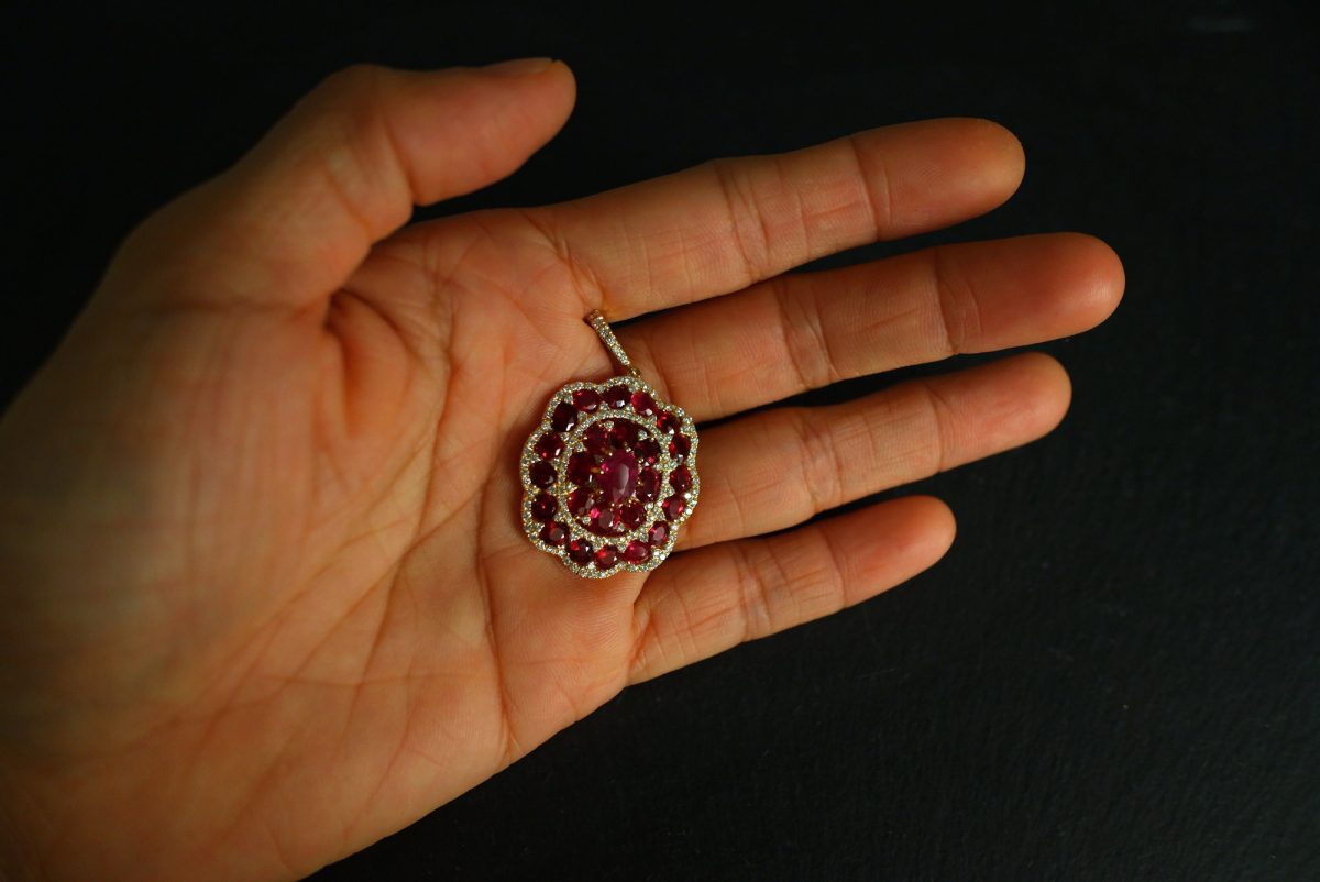 Vivid Ornate Red Ruby Pendant Necklace 18k | GEM GARDENER