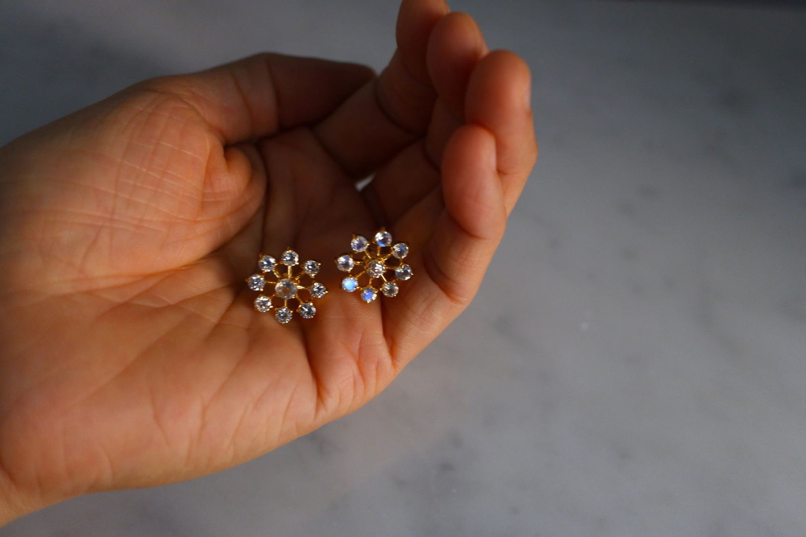 22k Moonstone Gold Diamond Snowflake Earrings | GEM GARDENER