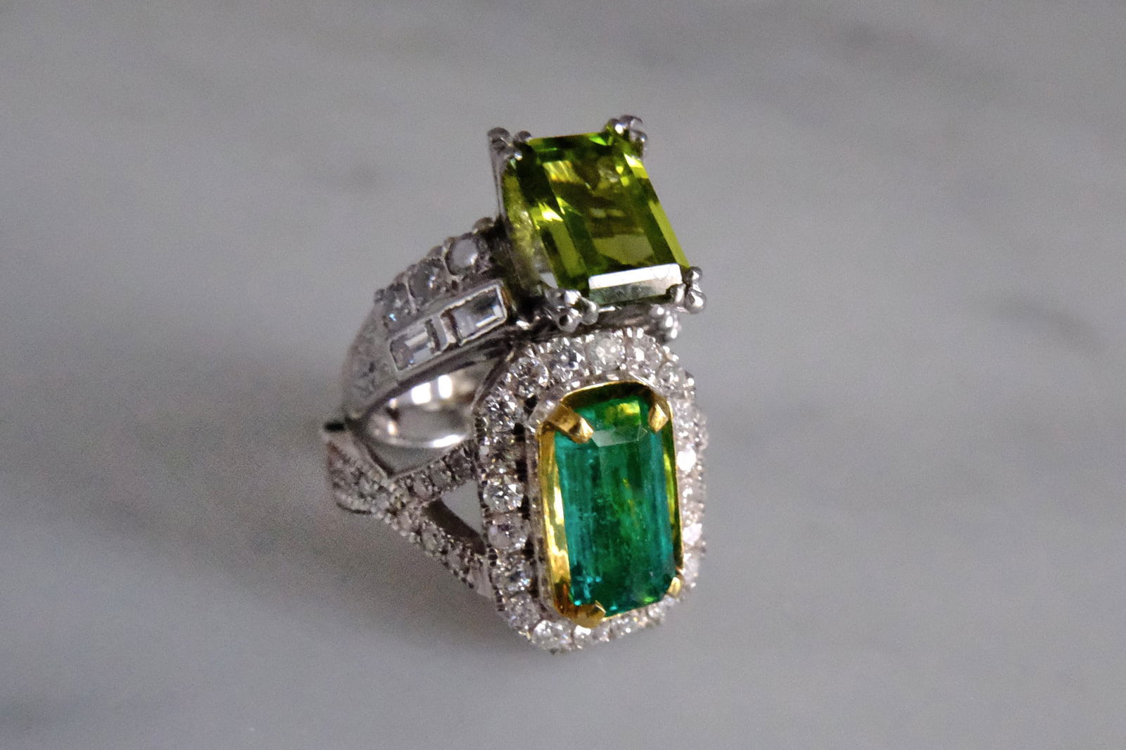 Vintage Platinum Peridot Ring, Emerald Cut | GEM GARDENER