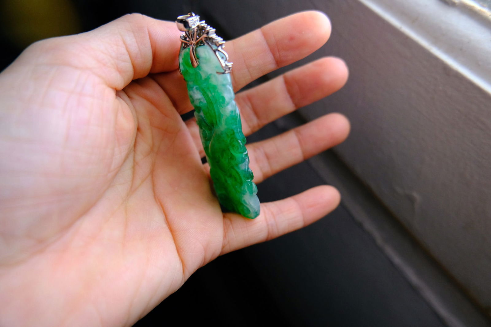Long Antique Carved Jade Pendant 18k Chinese | Gem Gardener