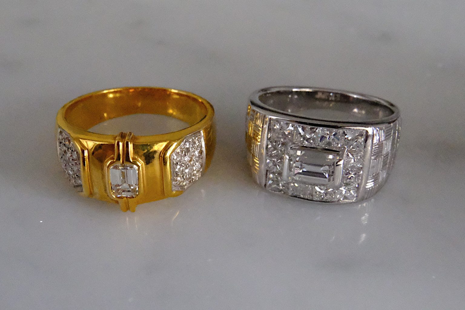 Heraldic Emerald Cut Diamond Mens Band Ring 20k | Gem Gardener