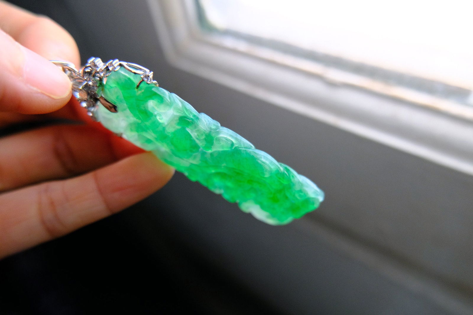 Long Antique Carved Jade Pendant 18k Chinese | Gem Gardener