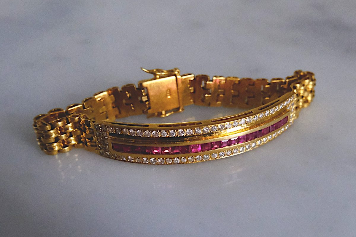 Sleek Vintage Gold Bracelet Ruby Diamond 20k | Gem Gardener