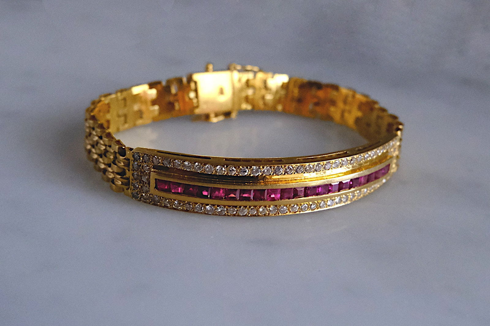 Sleek Vintage Gold Bracelet Ruby Diamond 20k | Gem Gardener