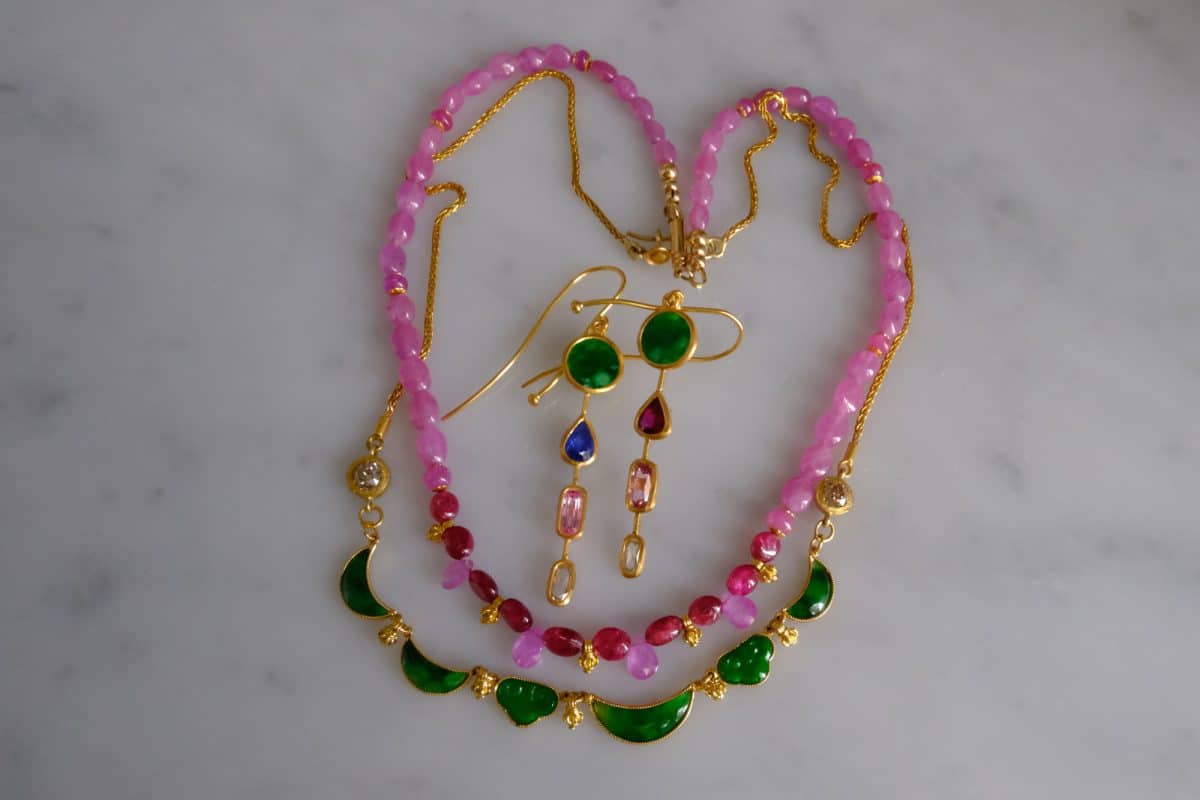 24k Roman Style Gold Earrings Jade Spinel Diamond | Gem Gardener