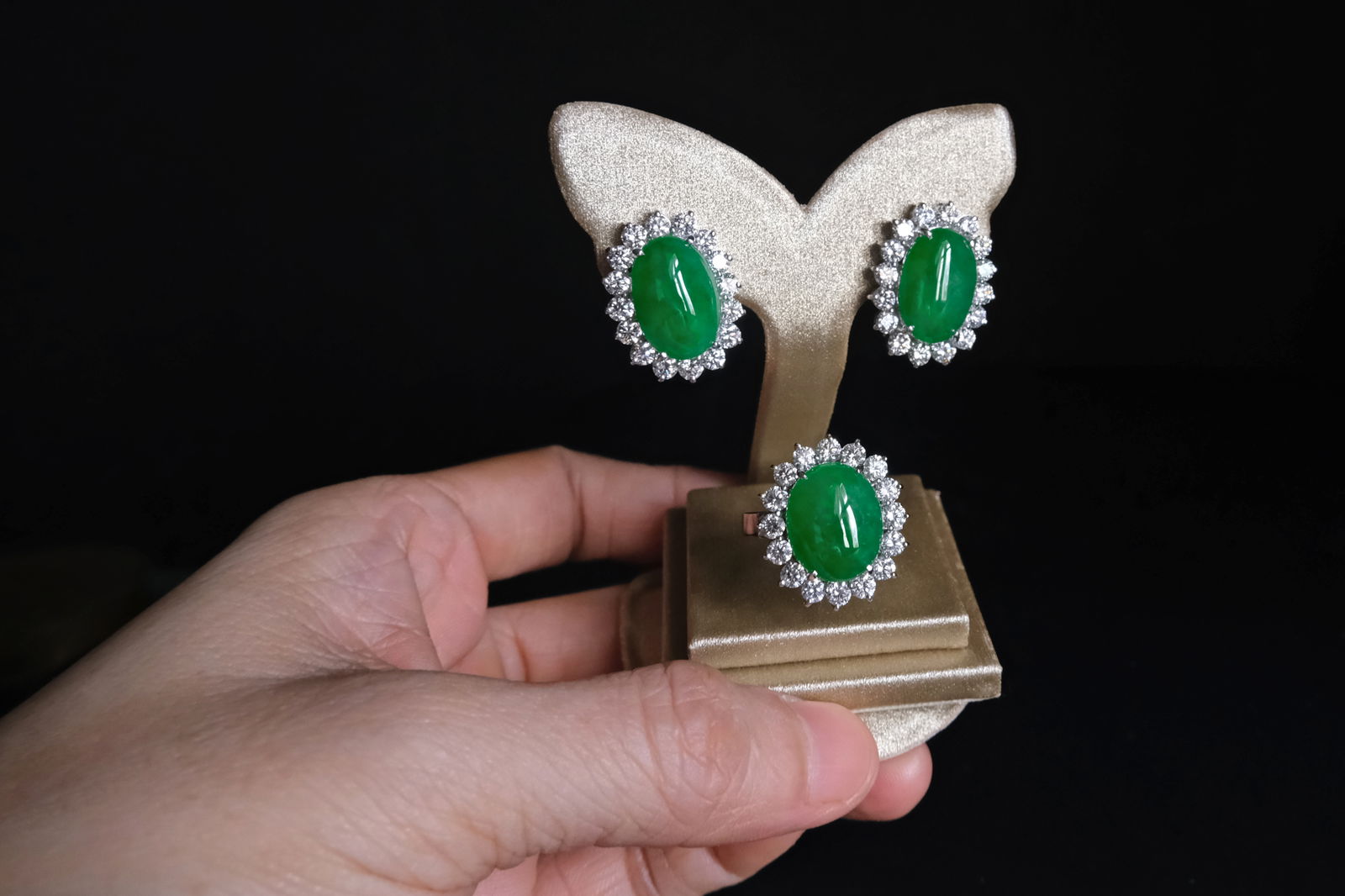 Sizable Jadeite Jade Earrings Ring Set Halo | GEM GARDENER