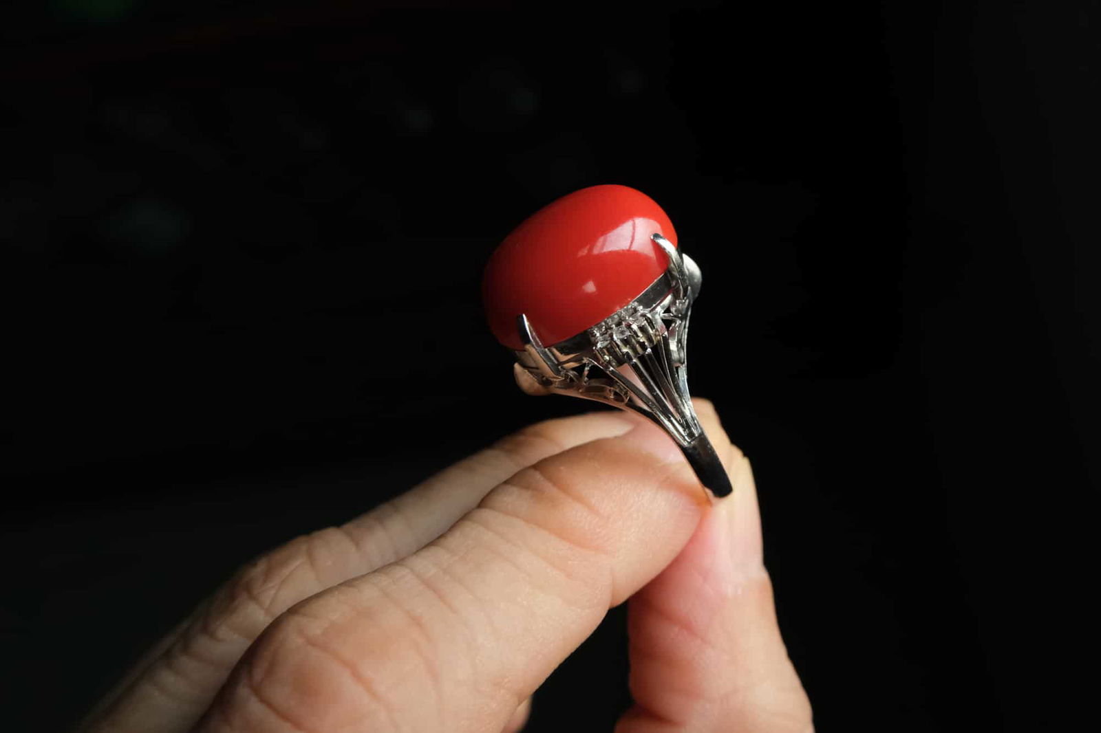 Platinum Red Coral Dome Ring | Gem Gardener