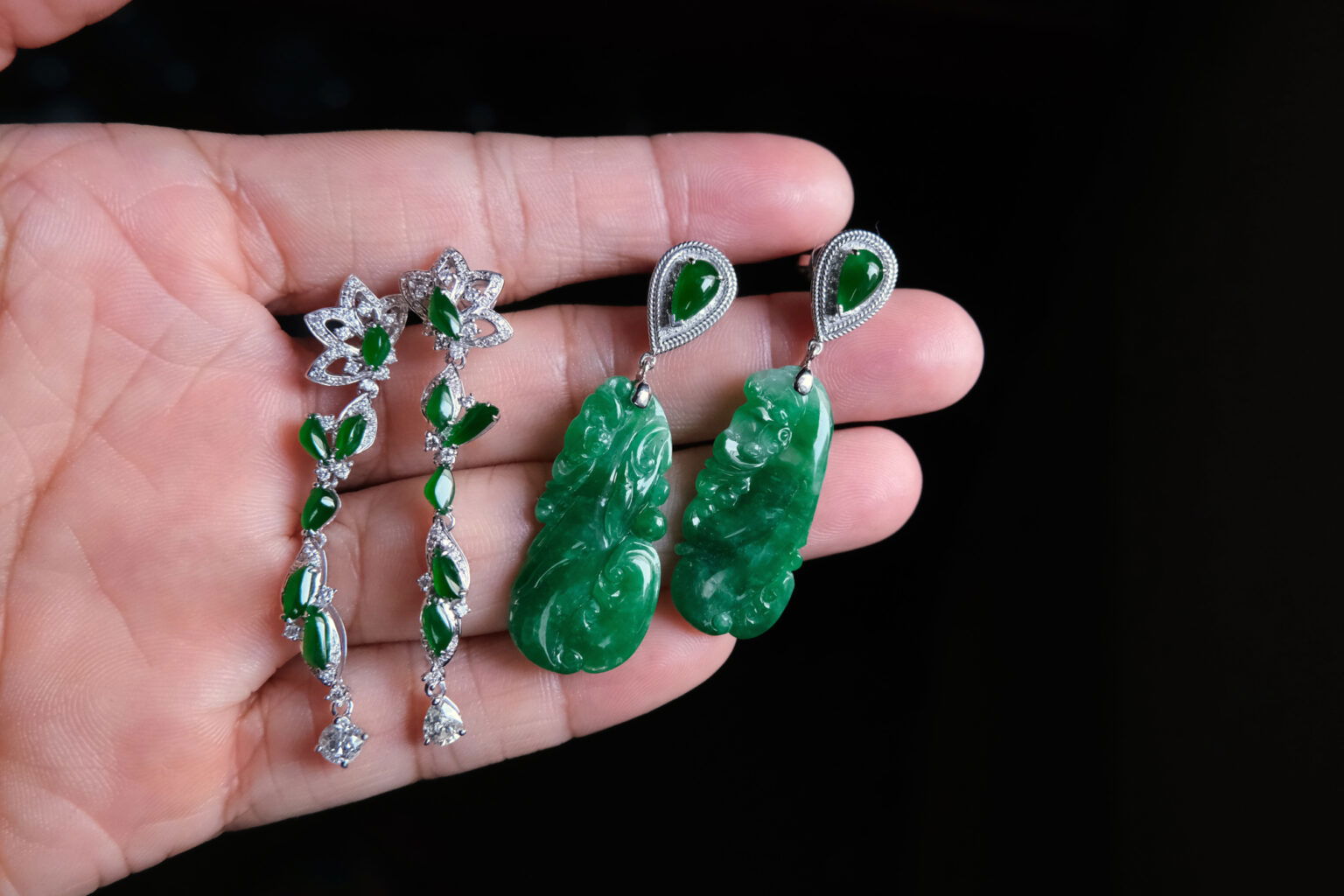 Carved Art Deco Jade Earrings Drop 18k | Gem Gardener