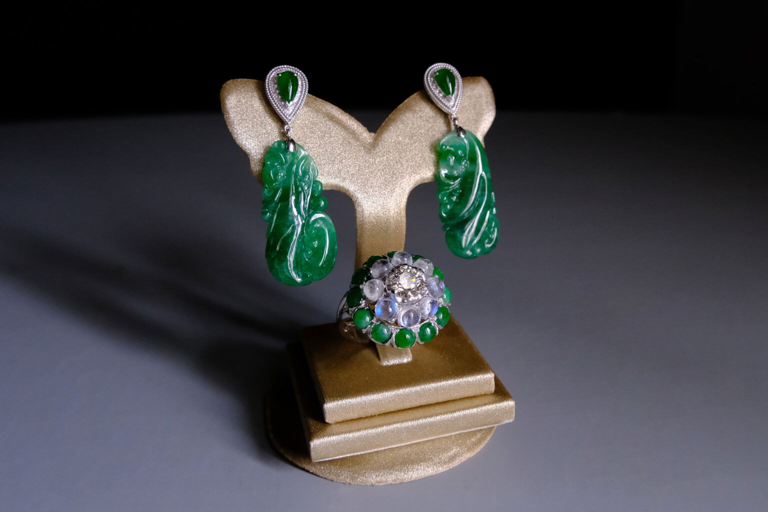 Carved Art Deco Jade Earrings Drop 18k | Gem Gardener